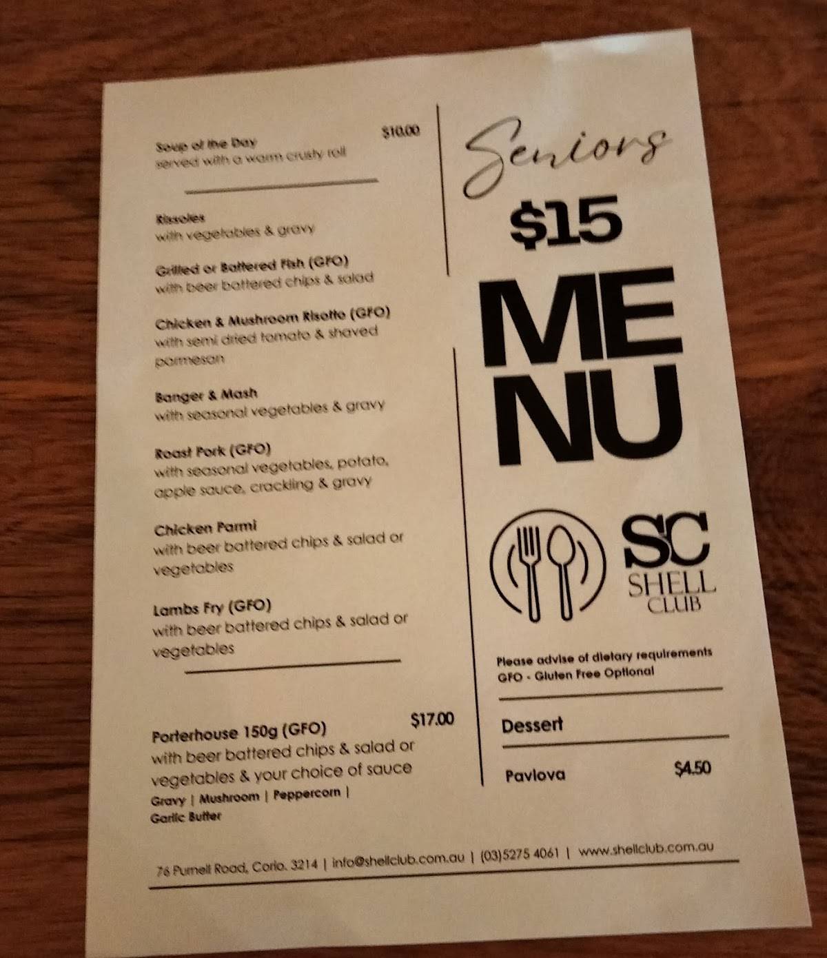 Menu at Shell Club, Corio