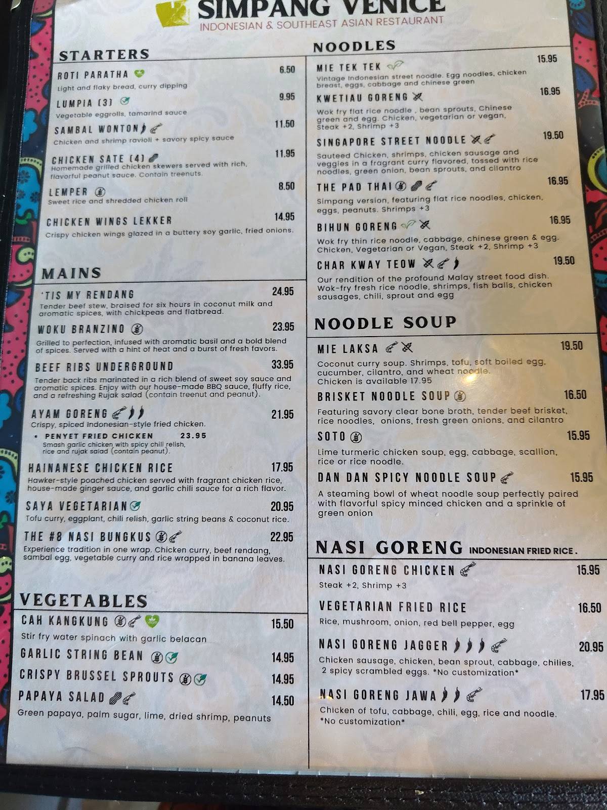 Menu at Simpang Venice restaurant, Culver City, 705 Lincoln Blvd