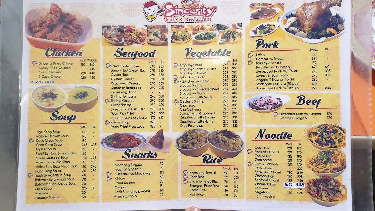 Menu at Sincerity Restaurant, Manila, 519 Quintin Paredes
