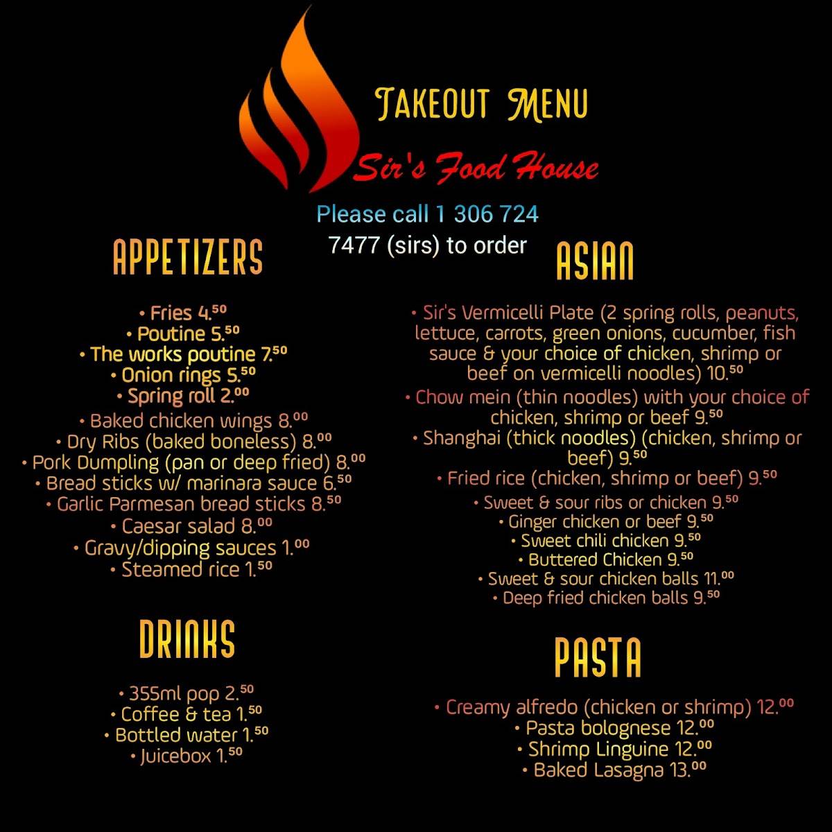 Menu at Sir's Food House restaurant, Debden