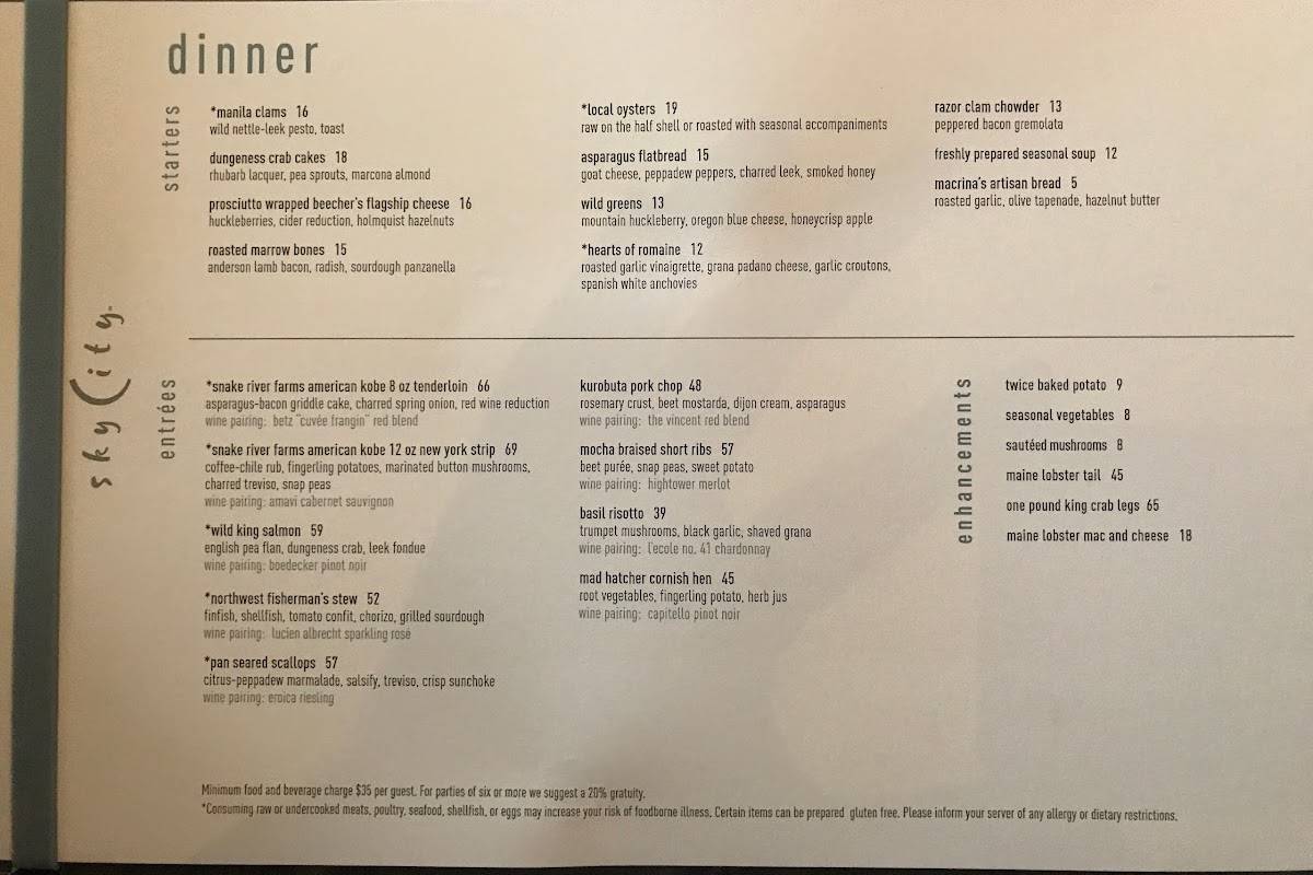 Menu at Sky City at the Space Needle restaurant, Seattle