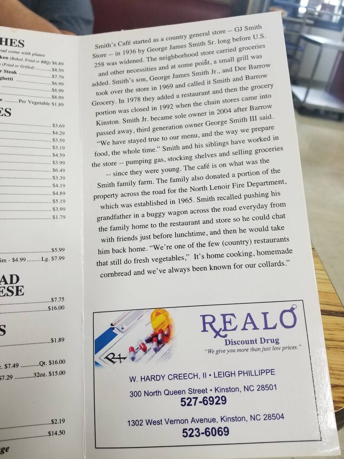 Menu at Smith's Cafe, Kinston, US-258