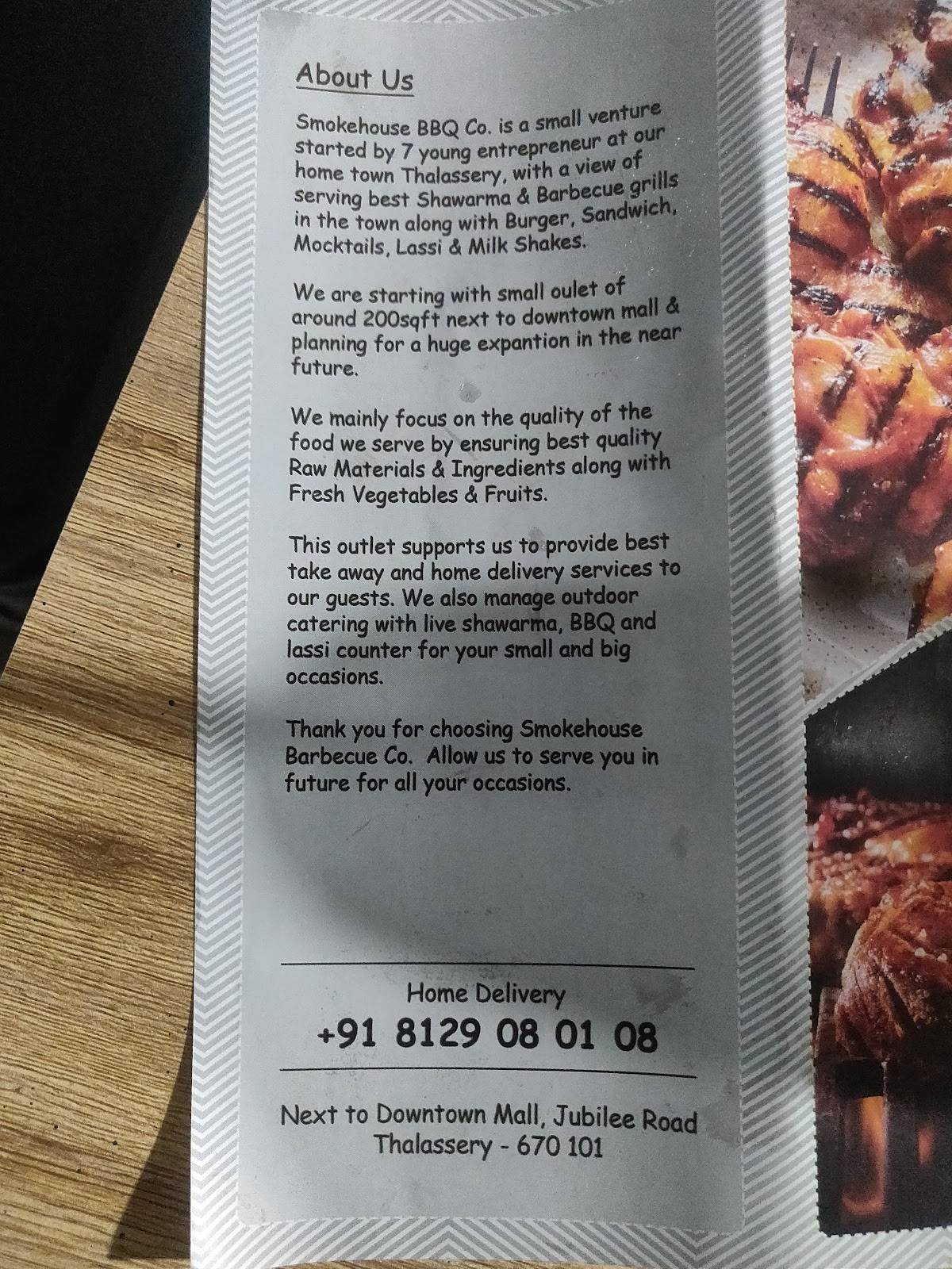 Menu at Smokehouse Barbeque Co., Thalassery