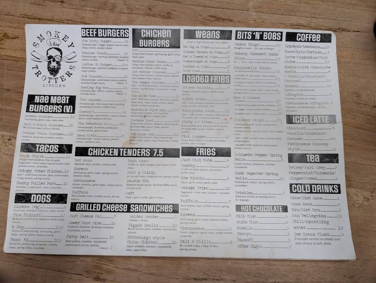 Menu at Smokey Trotters Kitchen restaurant, Glasgow, 233 London Rd