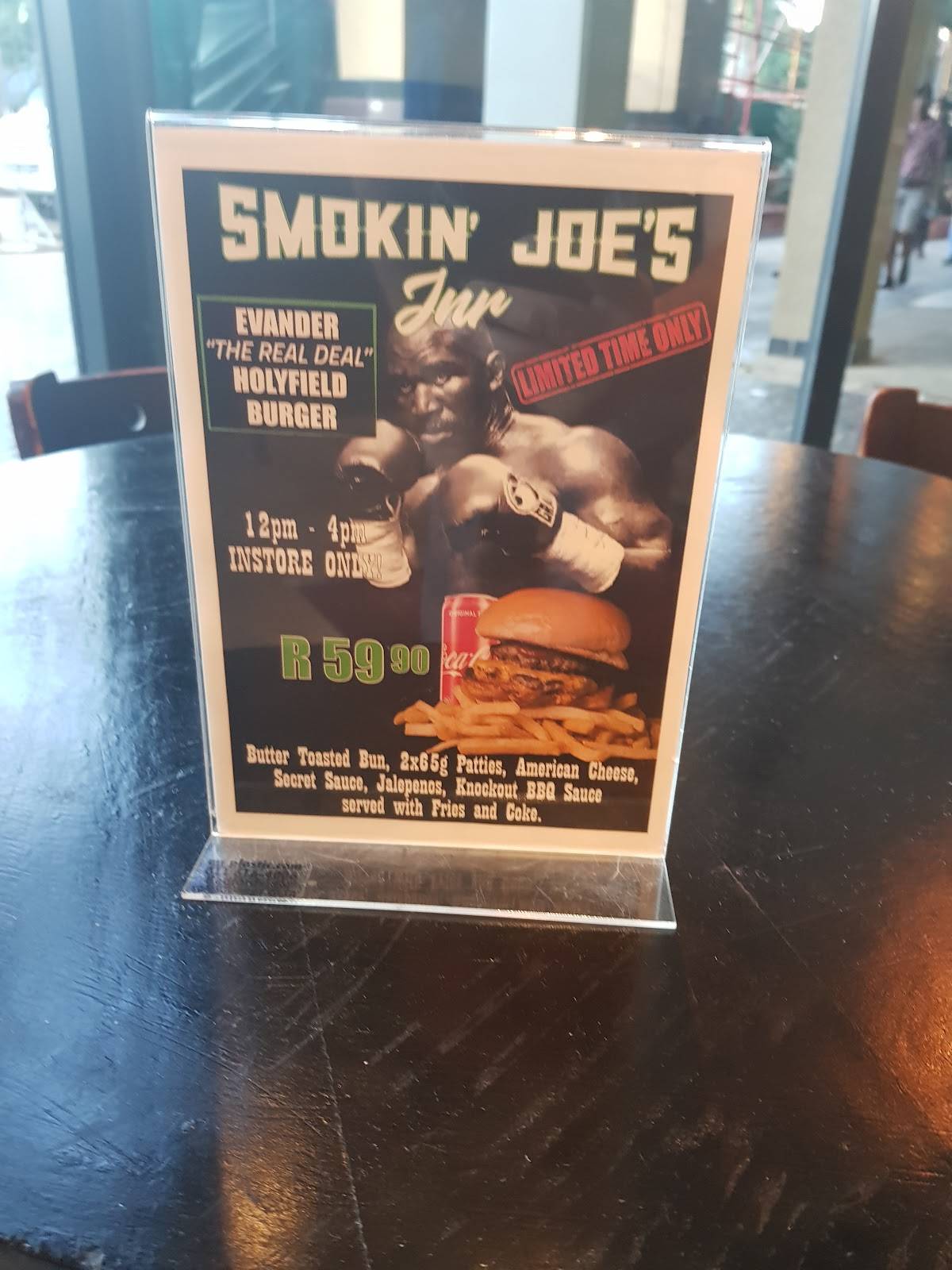 Menu at Smokin' Joe's Jnr restaurant, Durban