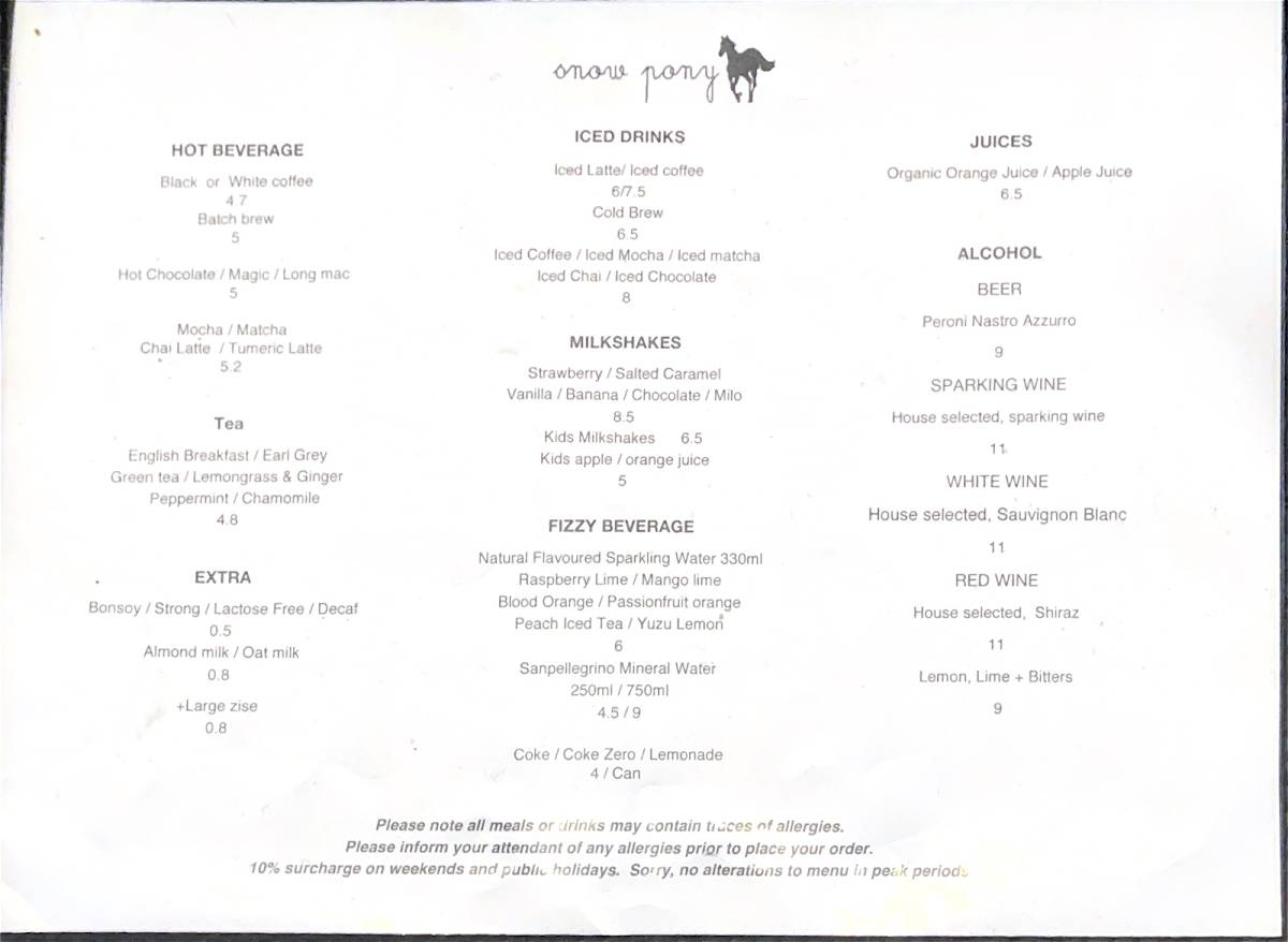 Menu at Snow Pony Cafe, Deepdene