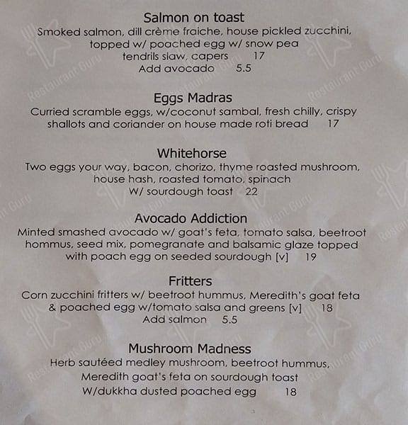 Menu at Snow Pony cafe, Deepdene