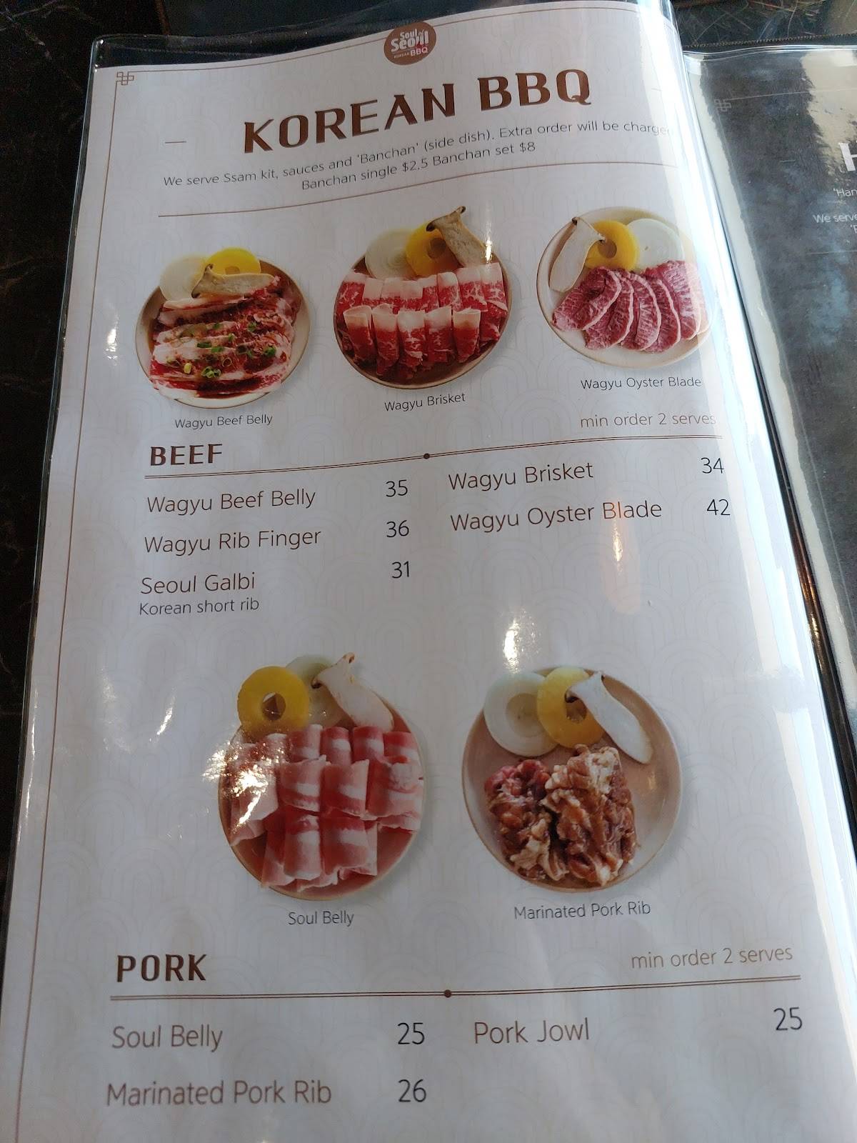 Menu at Soul of Seoul restaurant, Thrumster
