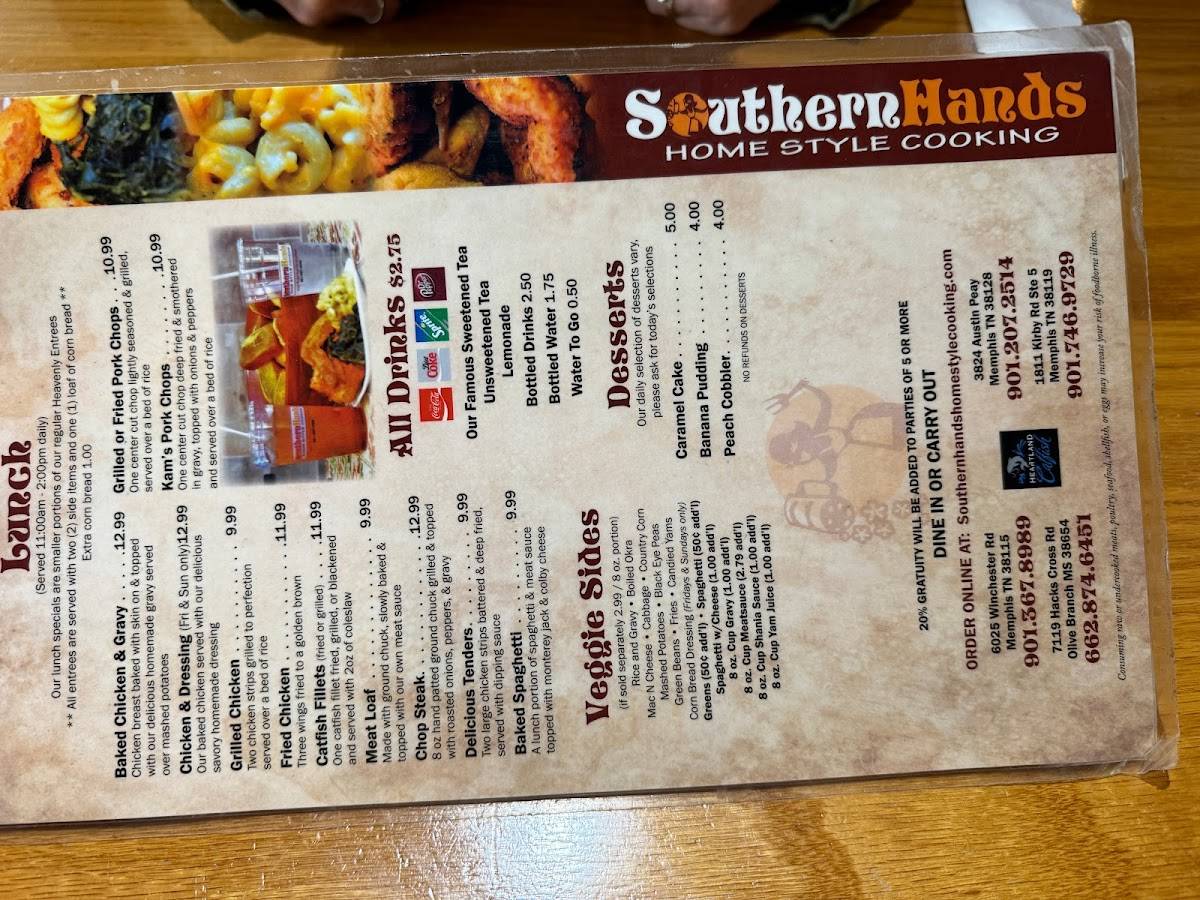 Menu at Southern Hands Homestyle Cooking restaurant, Memphis, 6025 ...