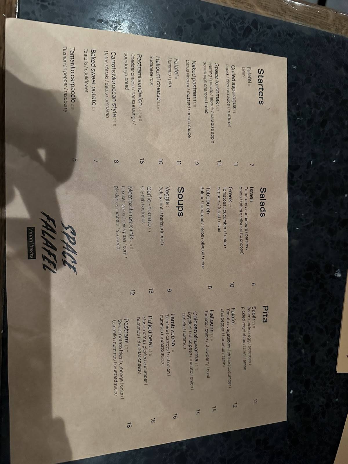 Menu at Space Falafel restaurant, Riga
