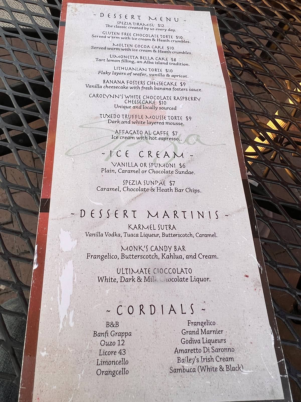 Menu at Spezia restaurant, Omaha