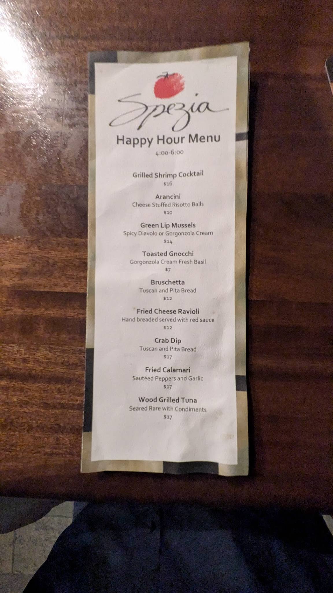 Menu at Spezia restaurant, Omaha