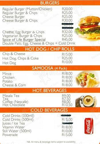 Menu at Spice Of Life restaurant, Randburg, Brightwater Commons