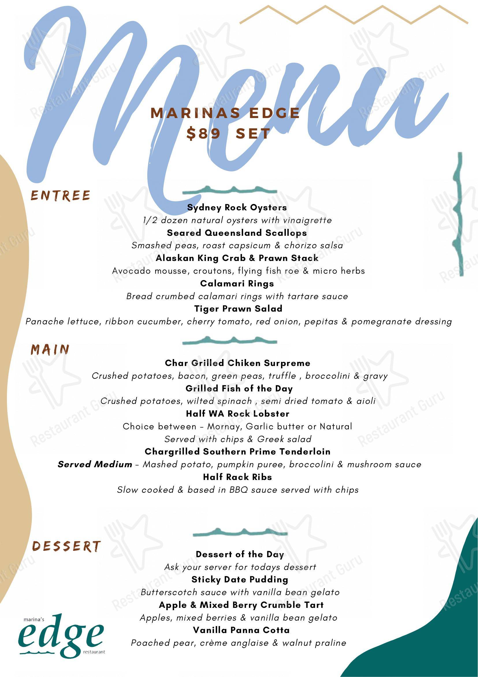 Menu at St George Motor Boat Club, Sans Souci