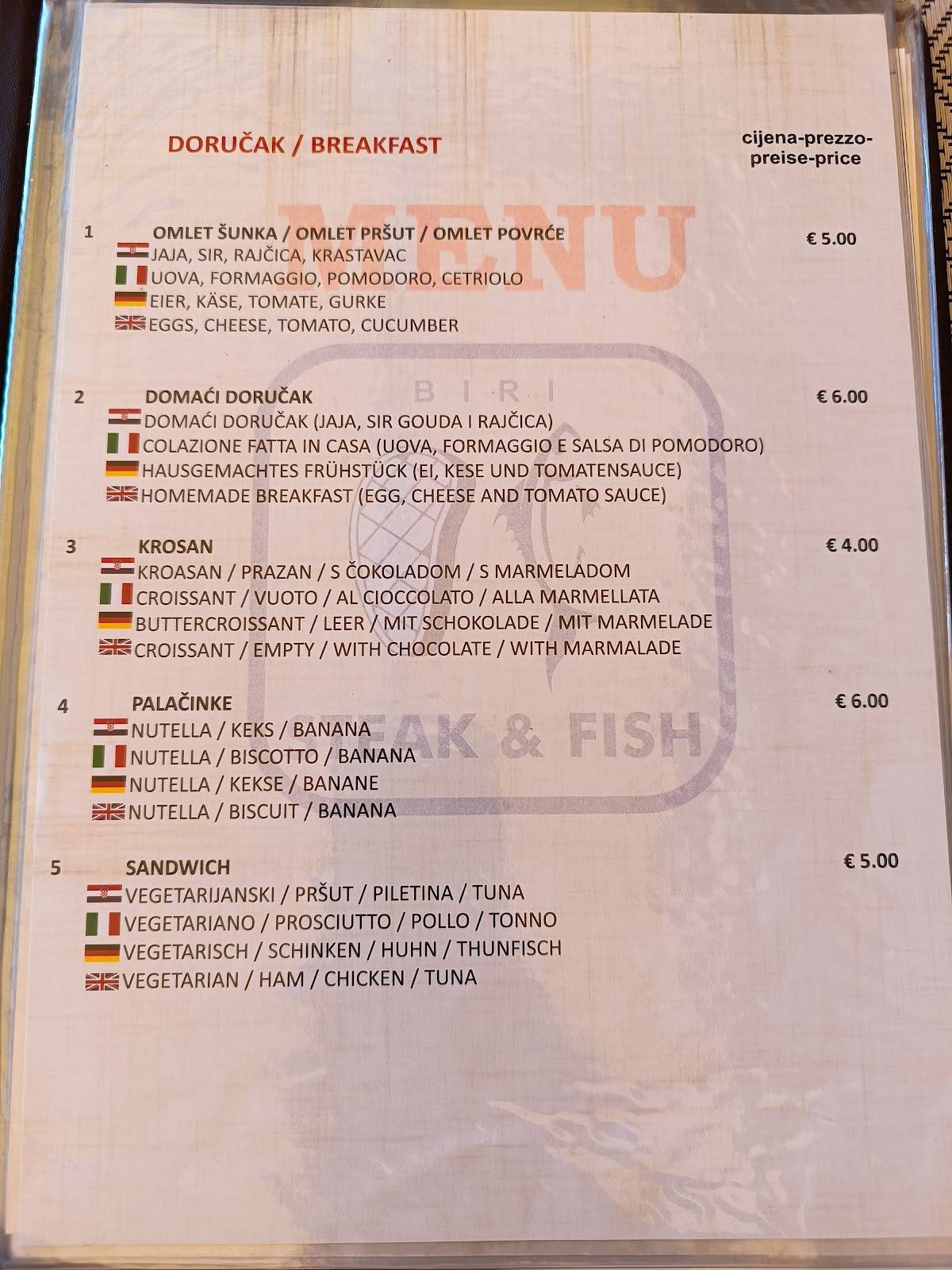 Menu at Steak&Fish Biri restaurant, Umag