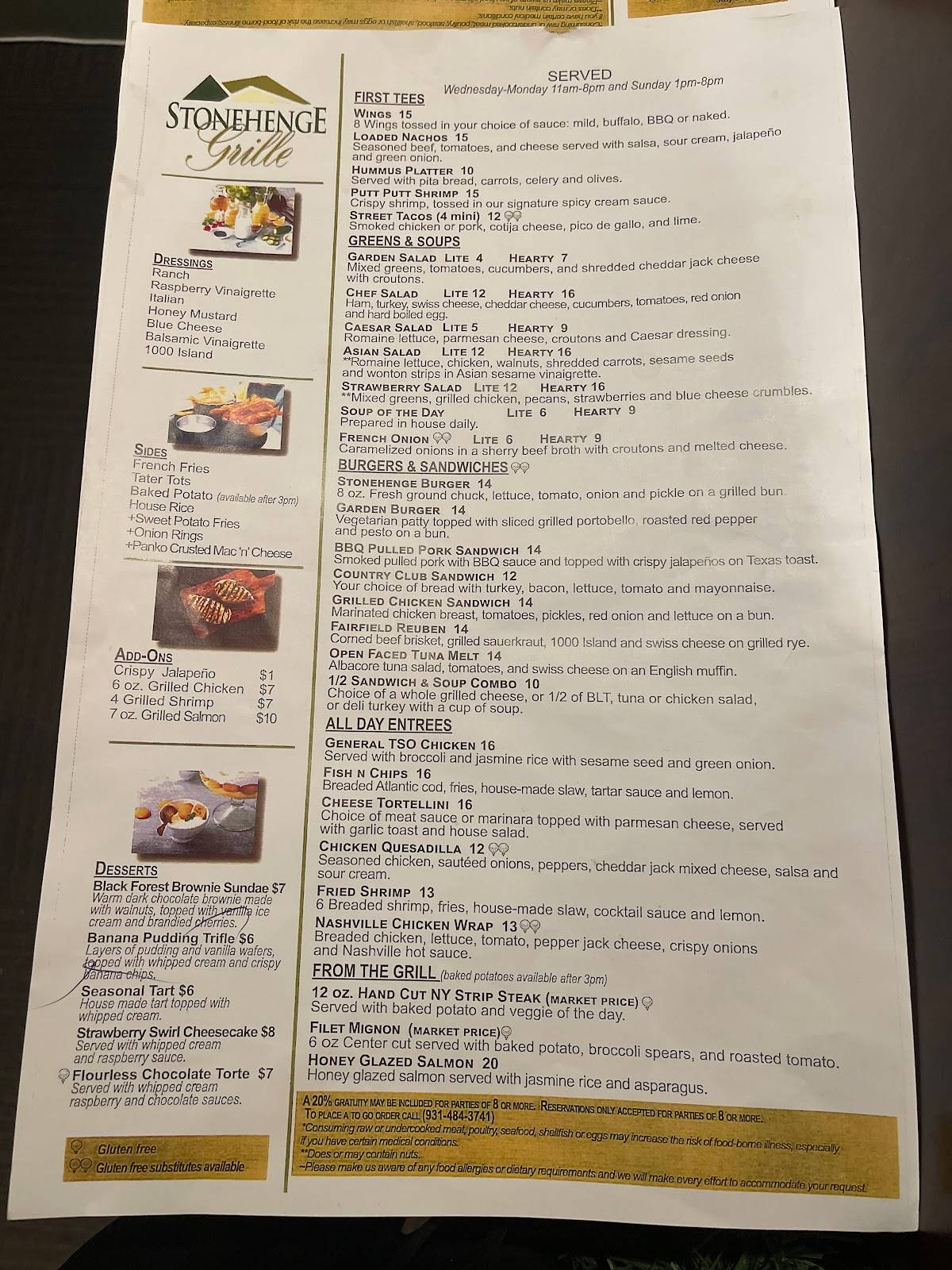 Menu at Stonehenge Grille restaurant, Fairfield Glade, 222 Fairfield Blvd