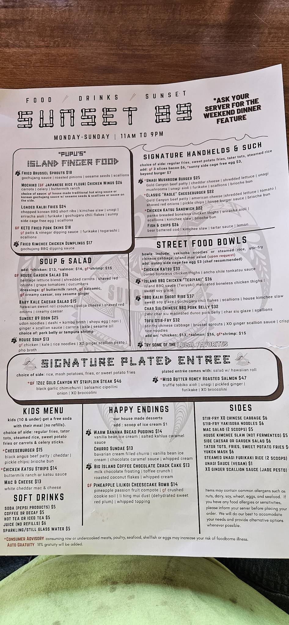 Menu at Sunset 89 restaurant, Page