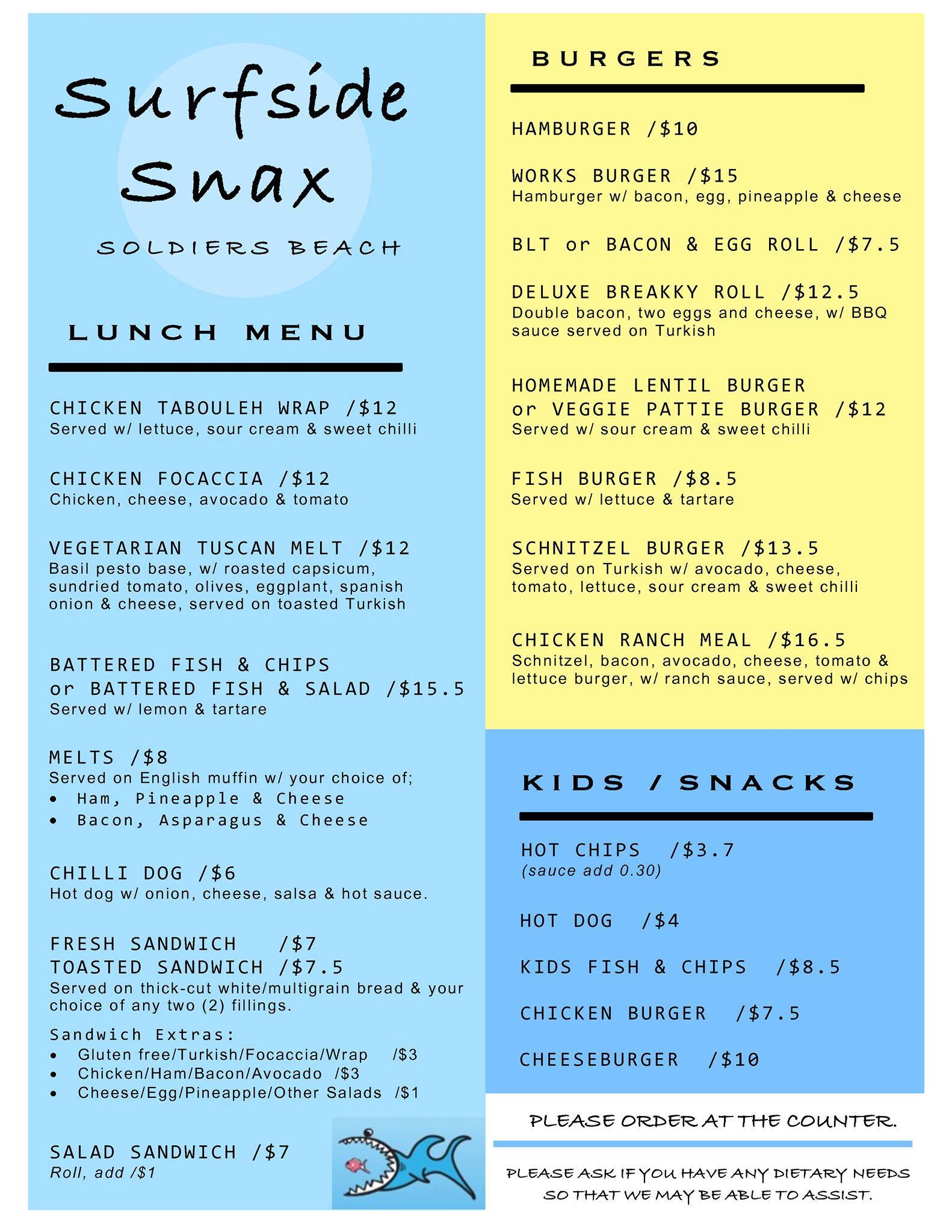 Menu at Surfside Snax cafe, Norah Head