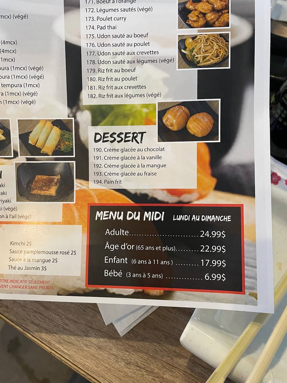 Menu au Sushi Kumi restaurant, Québec, 815 Bd Lebourgneuf