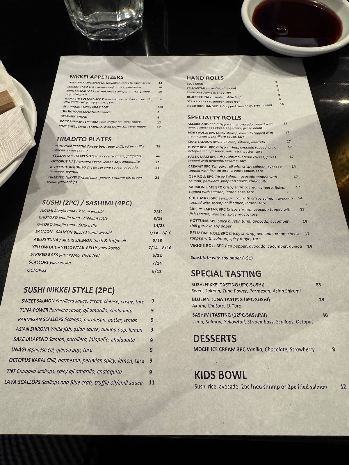 Menu at Sushi Nikkei restaurant, Long Beach, Atlantic Ave