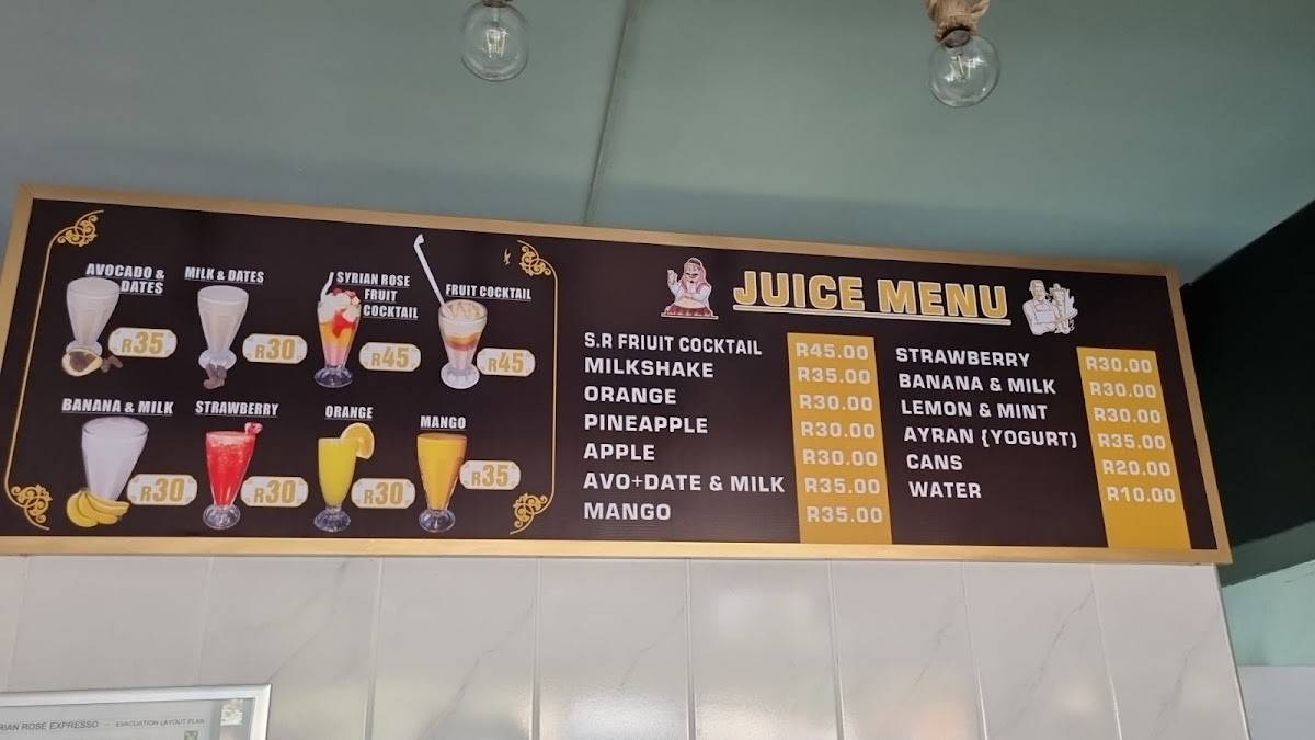 Menu at Syrian rose expresso restaurant, Randburg