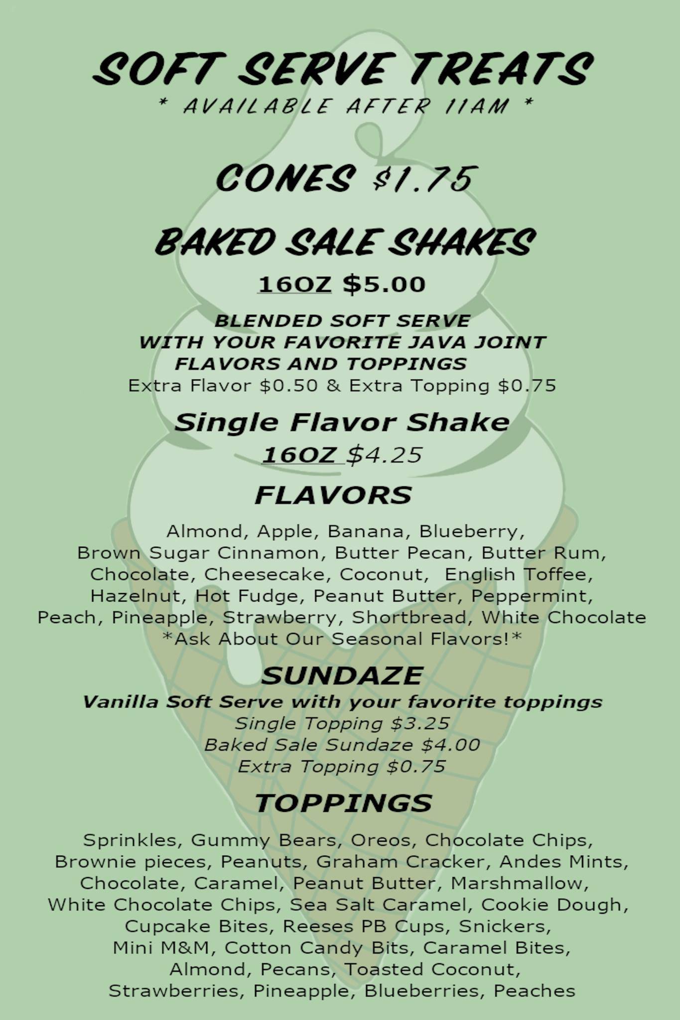 Menu at T&L's Java Joint Drive-Thru, Davenport