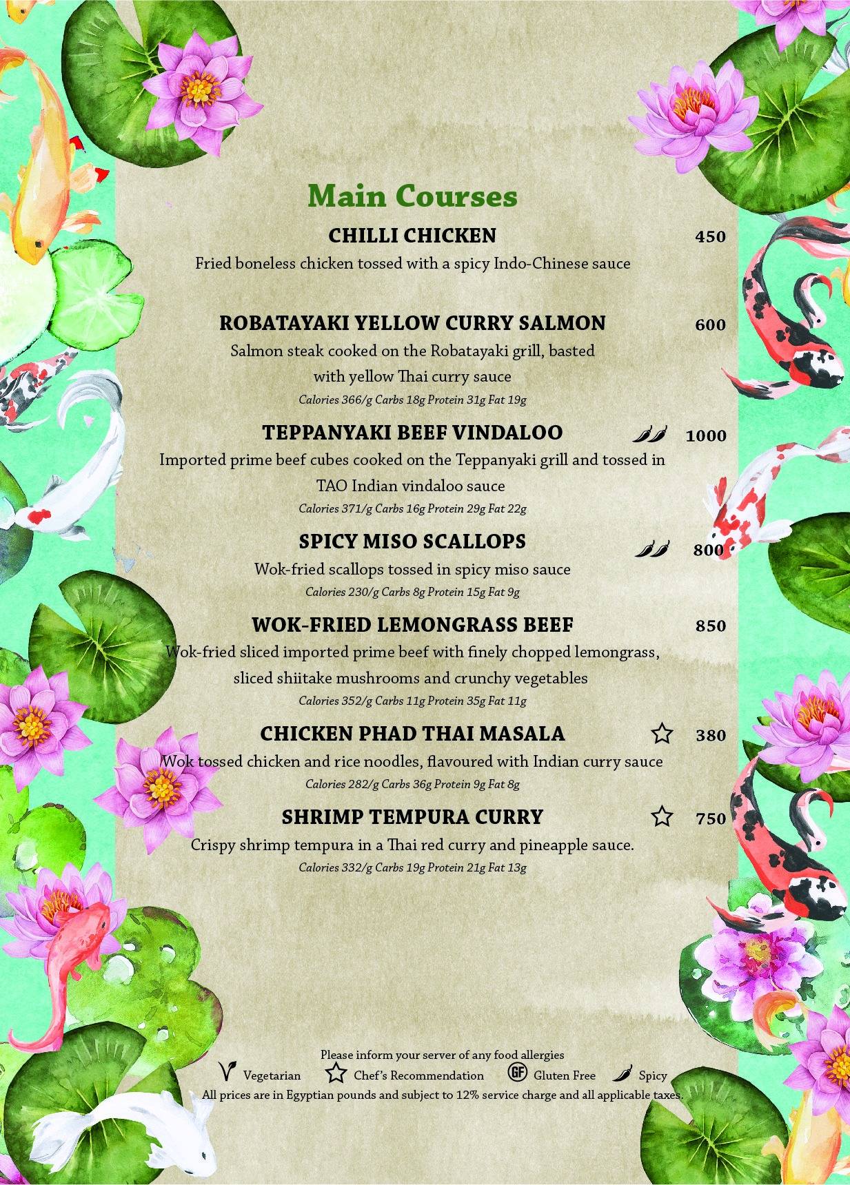 Menu at Tao - Dusit Thani restaurant, Cairo