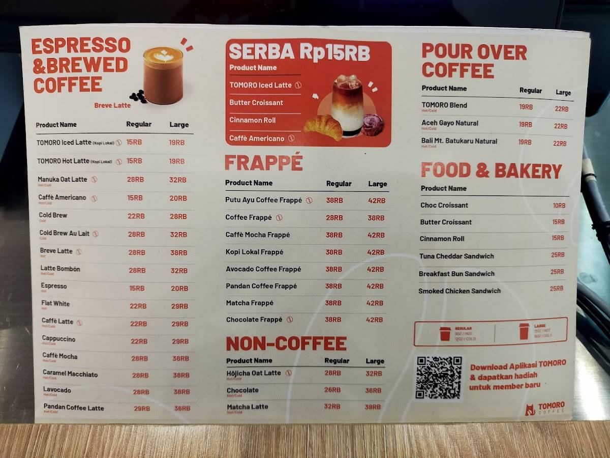 Menu at TOMORO COFFEE - Sabang, Central Jakarta