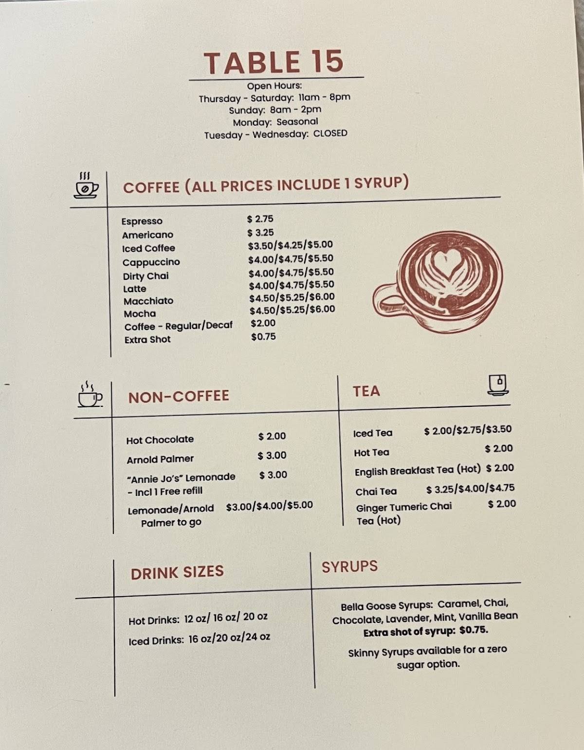 Menu at Table 15 restaurant, Montello