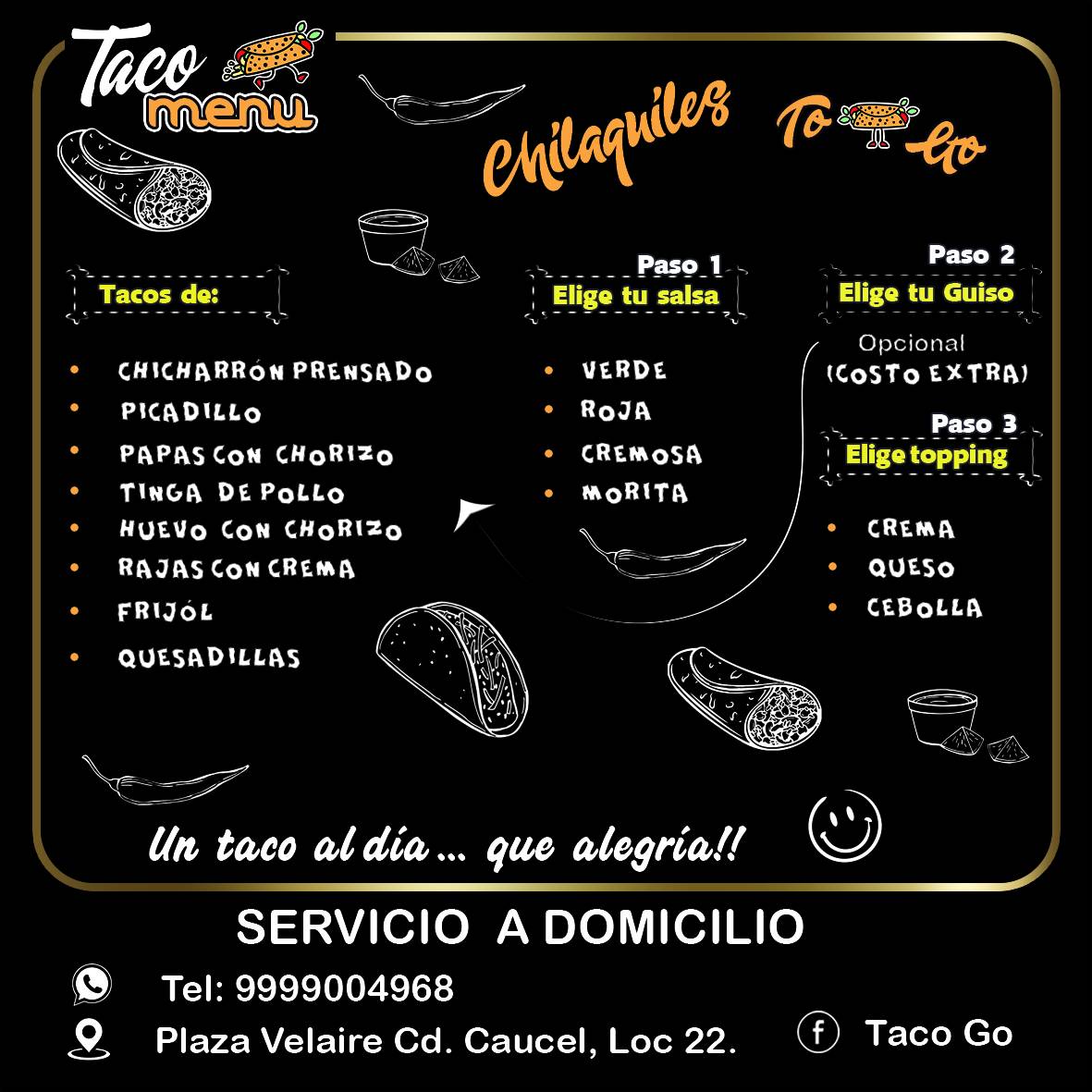 Menu at Taco Go restaurant, Merida