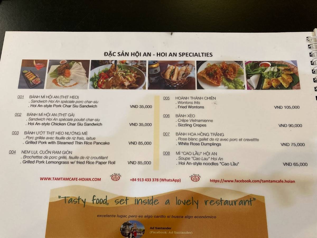 Menu at Tam Tam Jardin Restaurant & Cafe, Hoi An