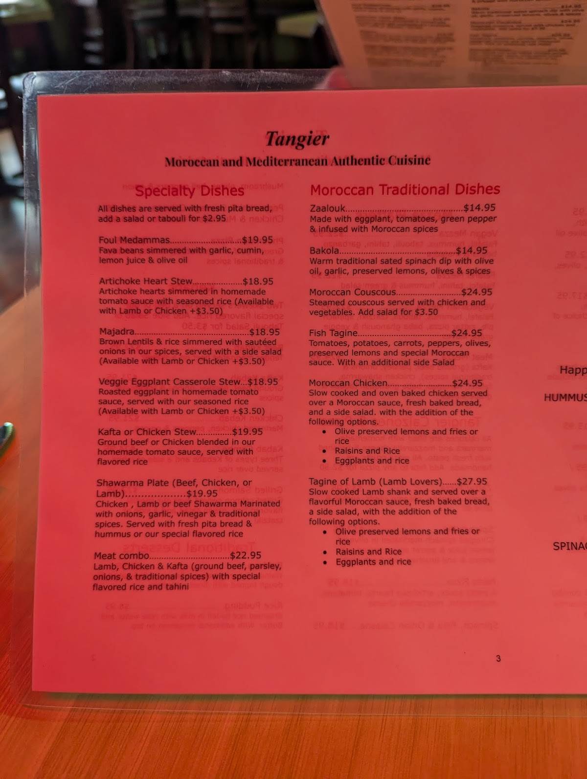 Menu at Tangier Restaurant, Portland
