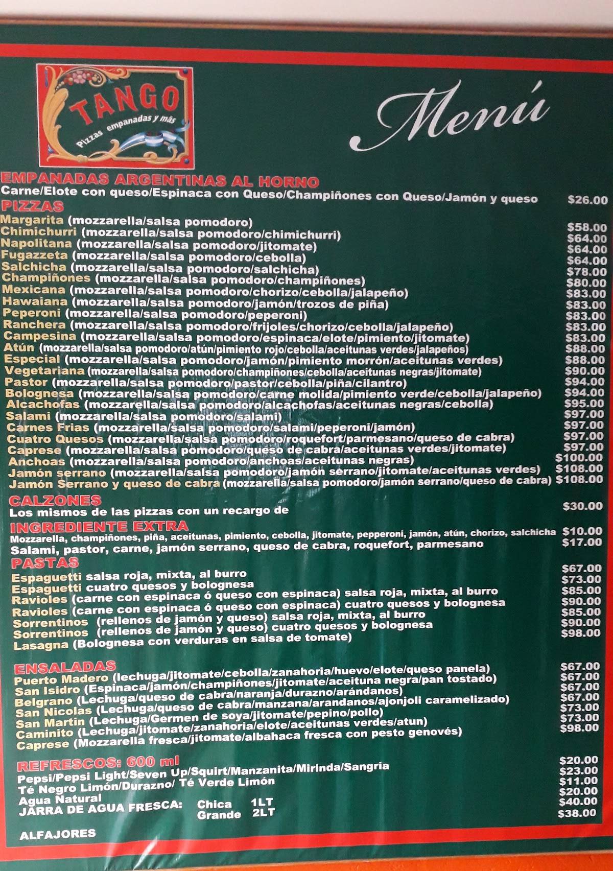 Menu at Tango Pizza restaurant, Fraccionamiento Lomas de Ahuatlán