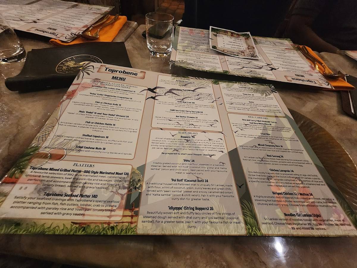 Menu at Taprobane restaurant, Unley