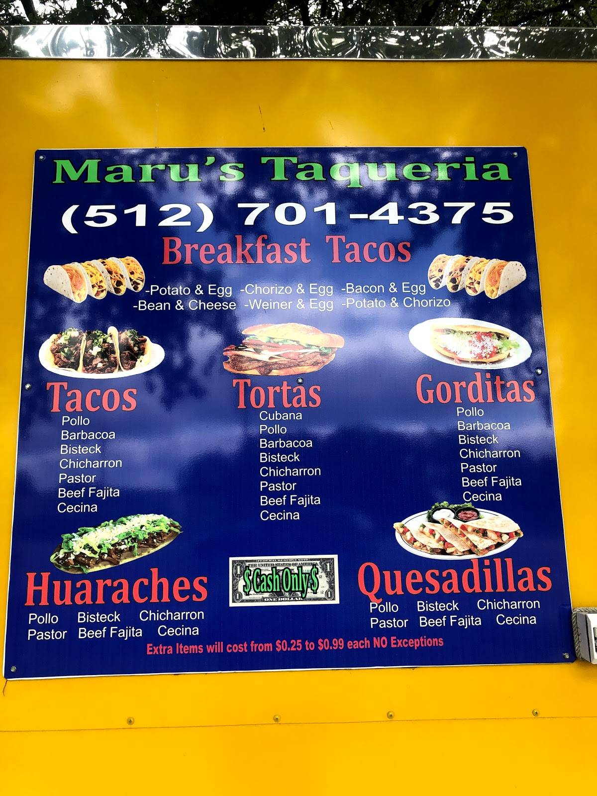 Menu at Taqueria Marus Food Truck restaurant, Austin, N FM 620