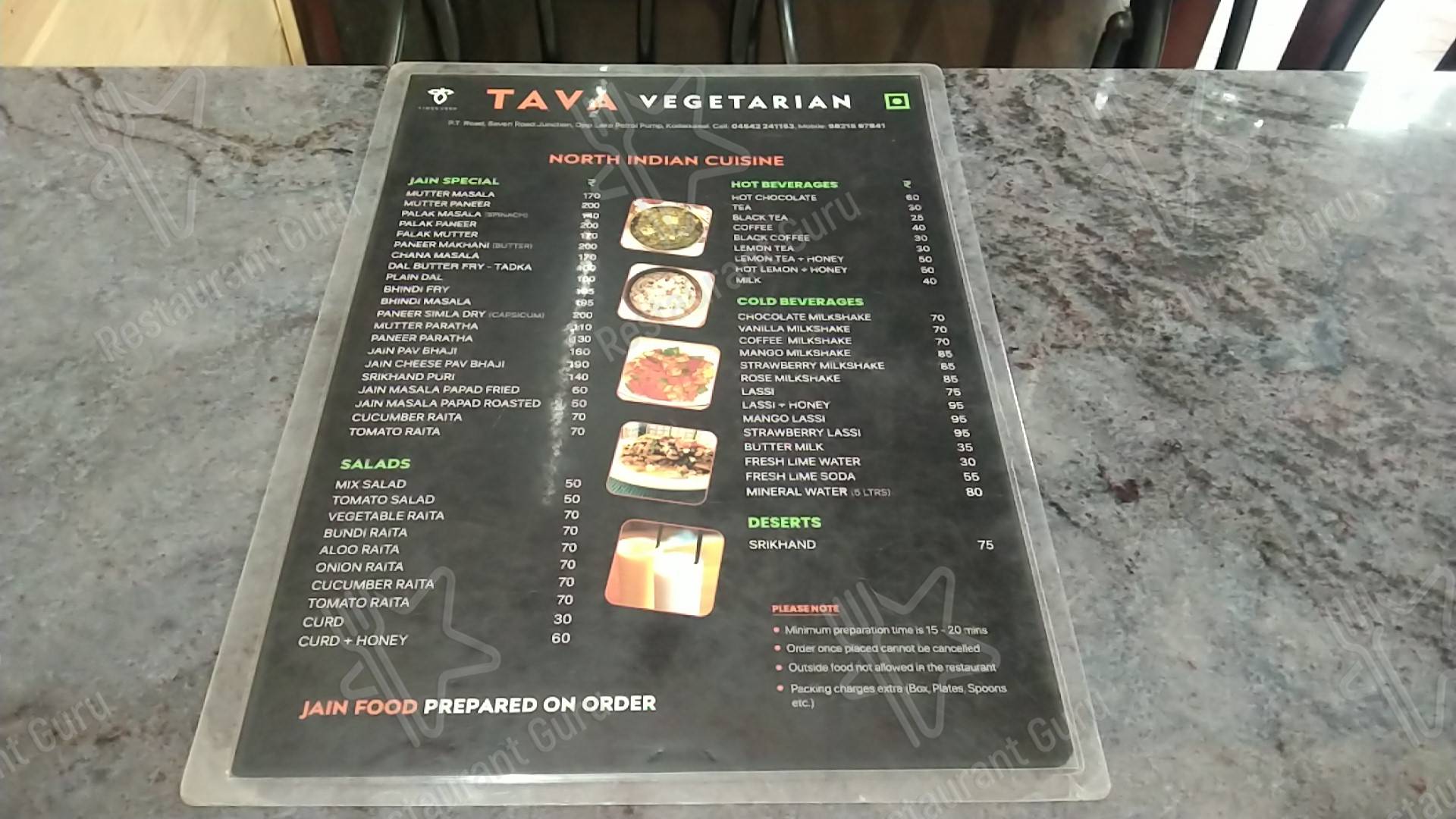 Menu at Tava Vegetarian Restaurant, Kodaikanal