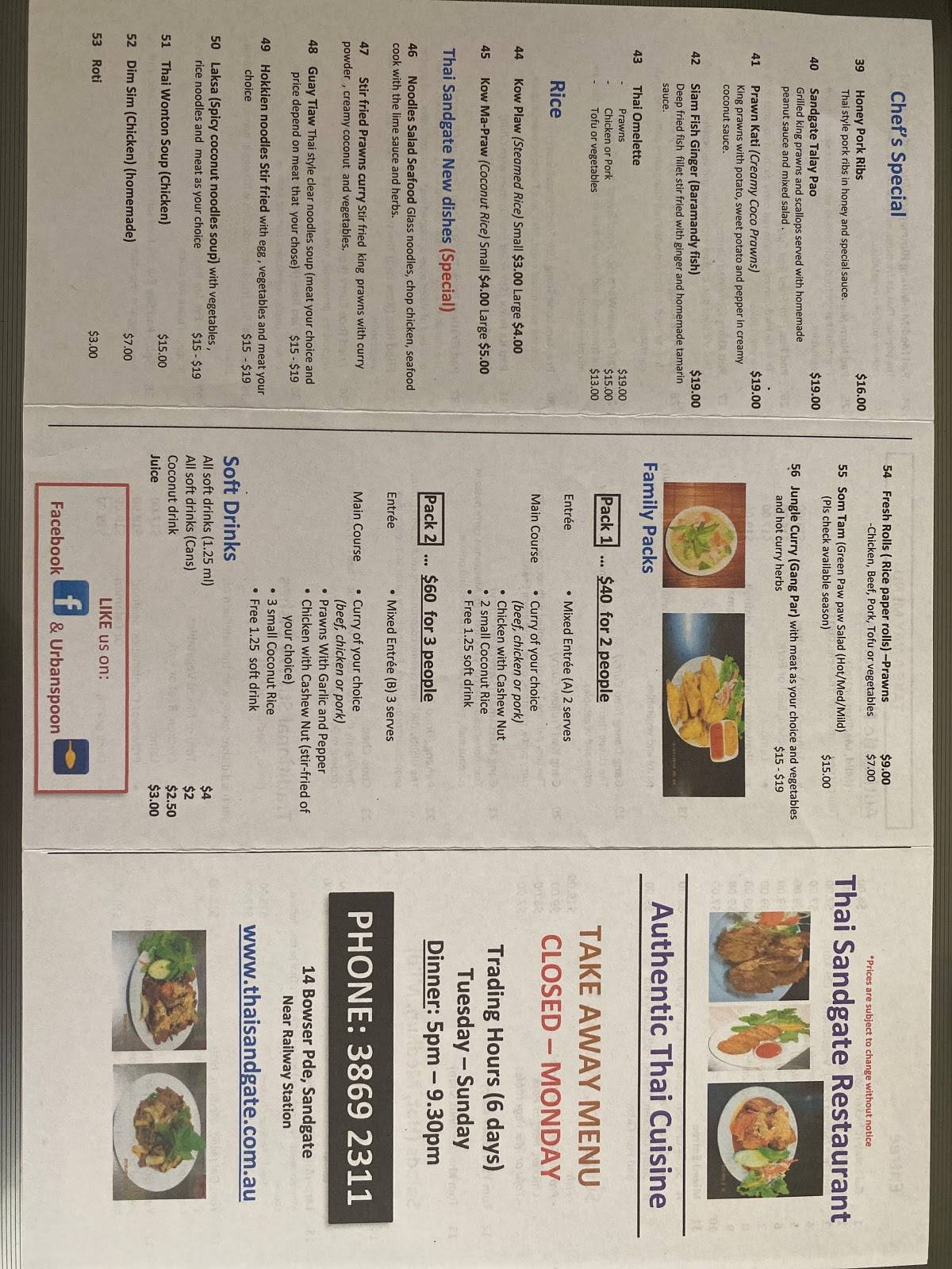 Menu at Thai Sandgate Restaurant, Sandgate