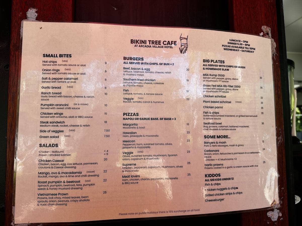 Menu at The Bikini Tree Cafe & Restaurant, Arcadia