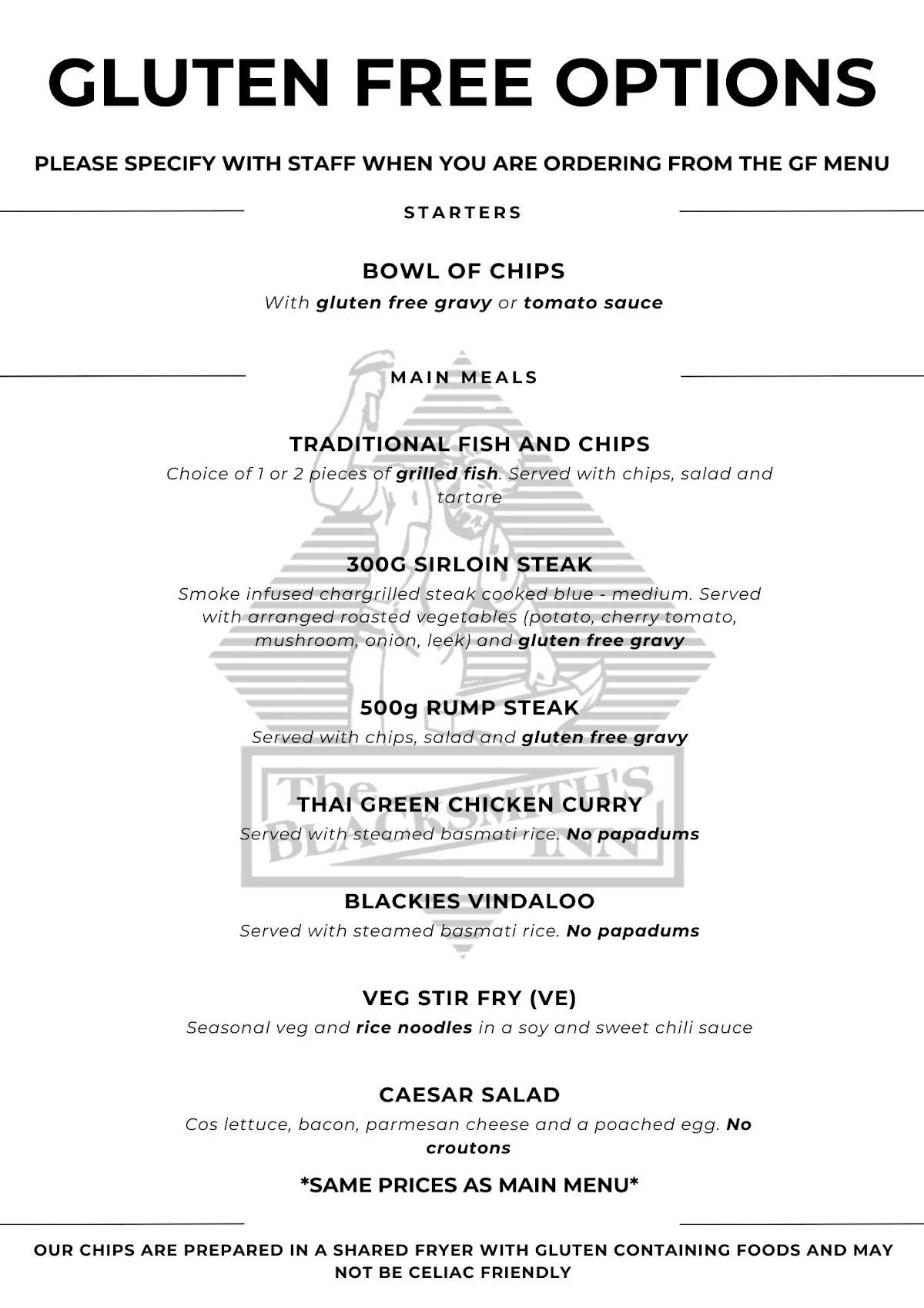 Menu at The Blacksmith's Inn restaurant, One Tree Hill