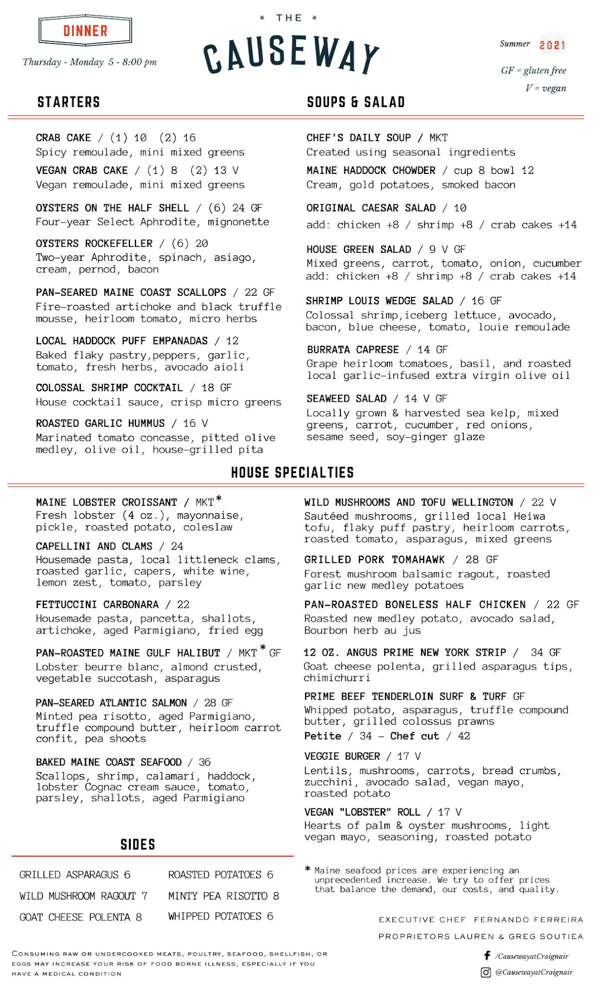 Menu at The Causeway Restaurant, South Thomaston