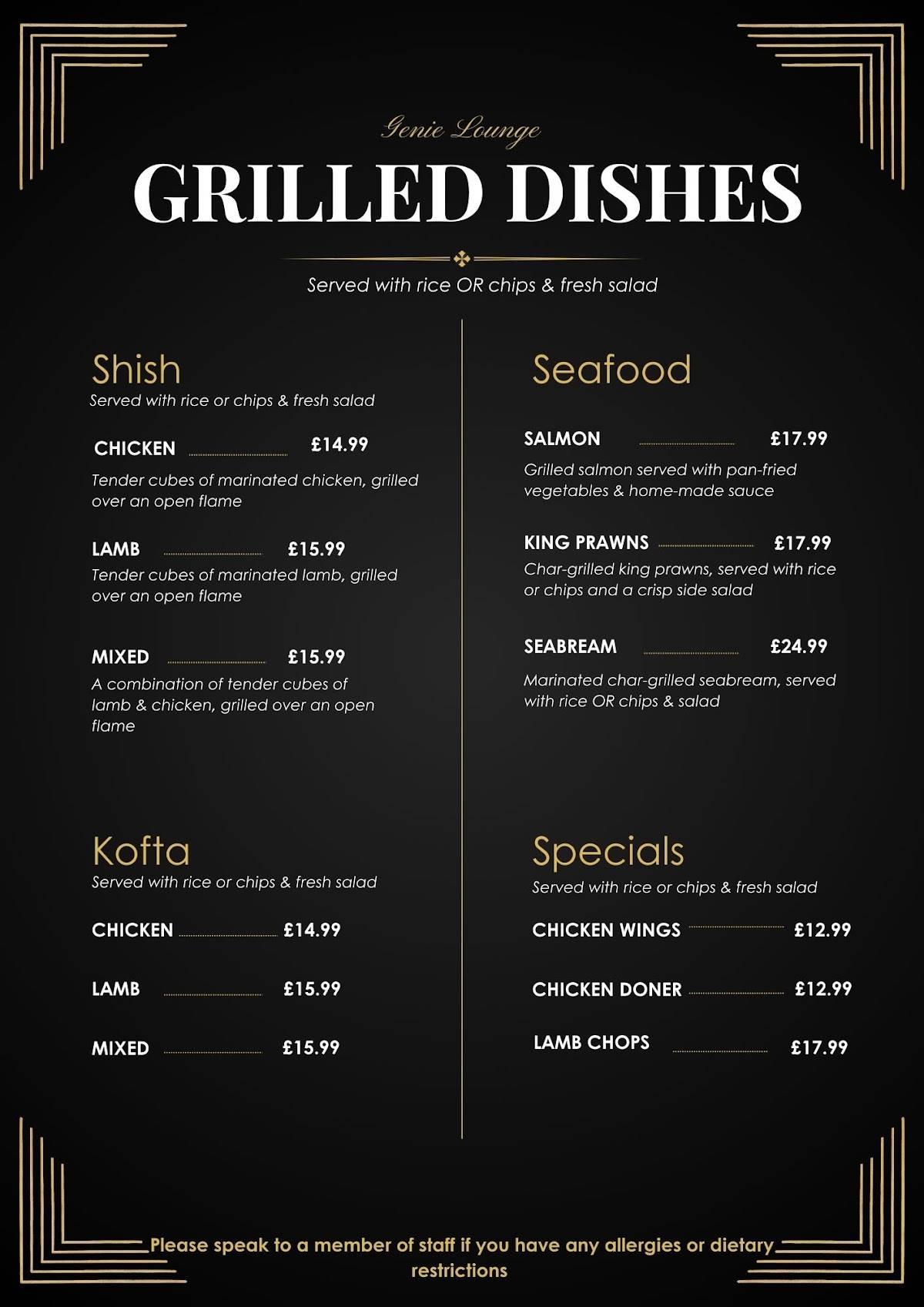Menu at The Genie Lounge restaurant, Peterborough