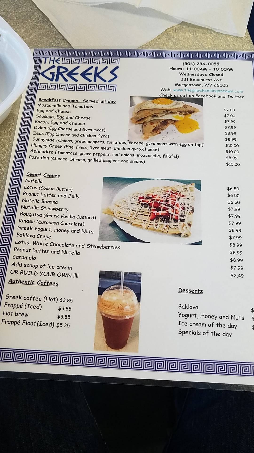 Menu at The Greeks restaurant, Morgantown, 331 Beechurst Ave