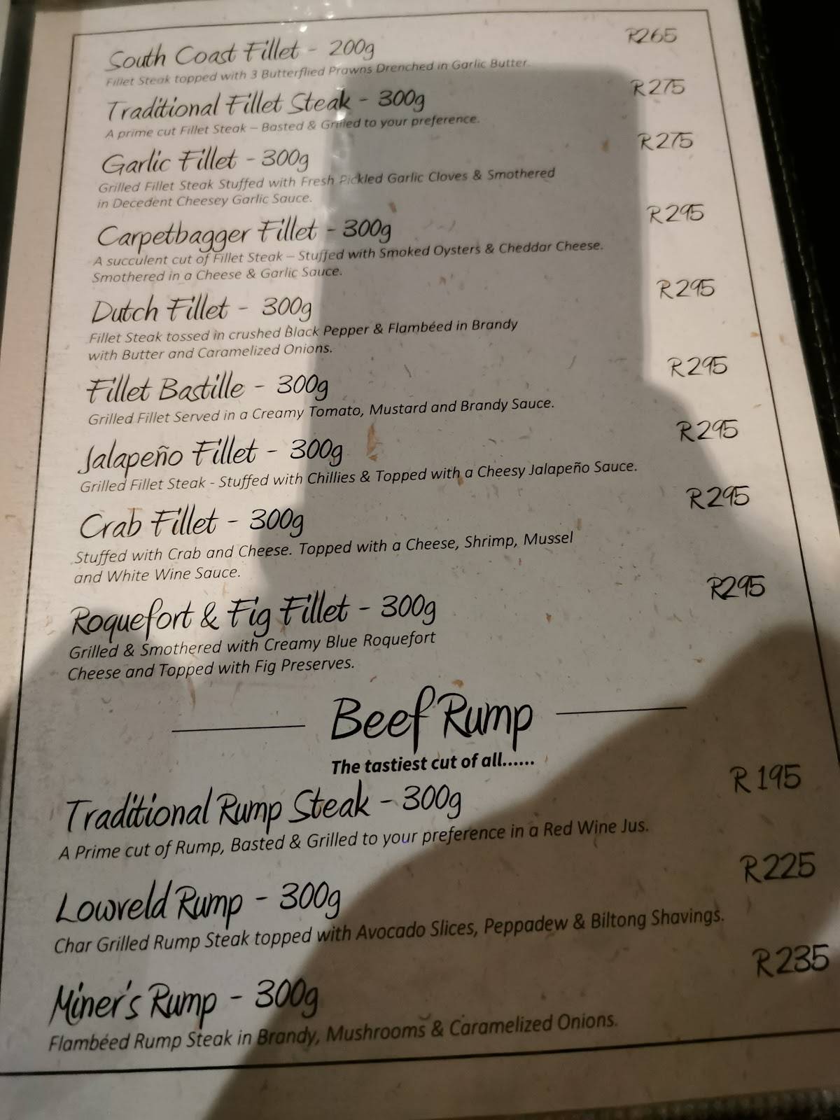 Menu at The Hat & Creek restaurant, Hoedspruit