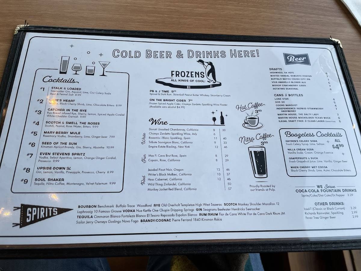 Menu at The Hayden restaurant, San Antonio, Broadway