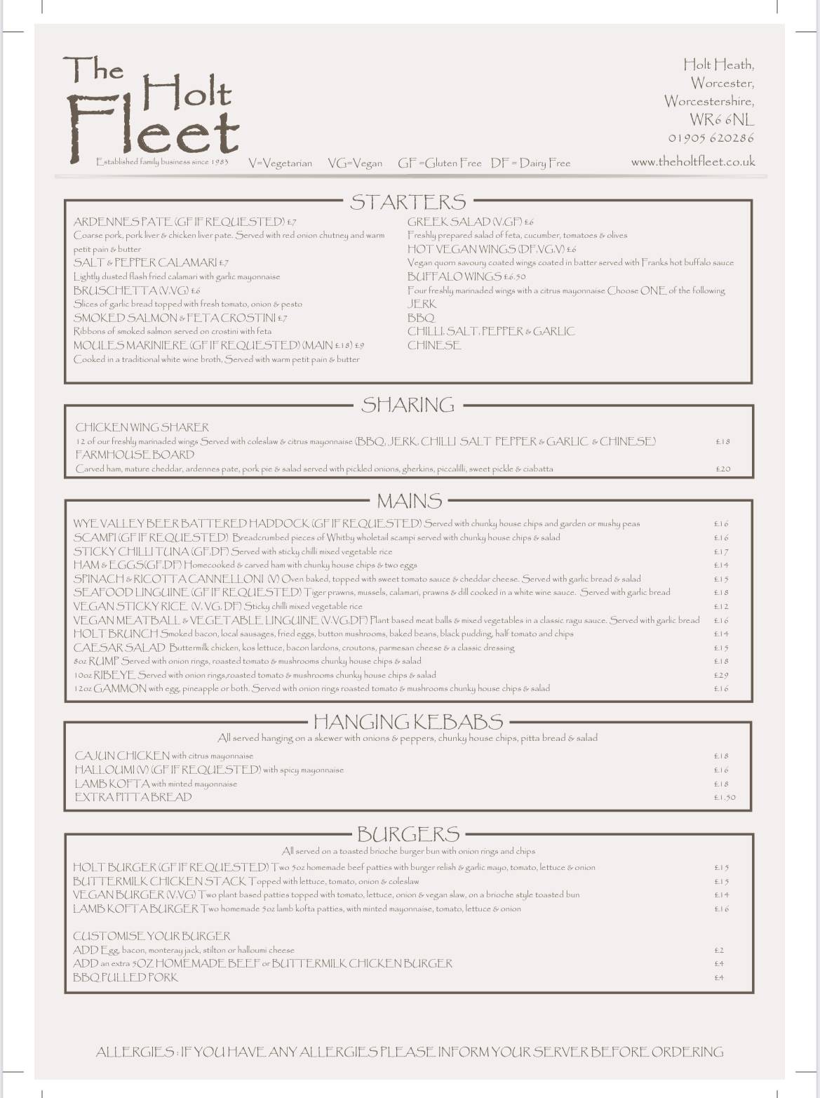 Menu at The Holt Fleet restaurant, Worcester