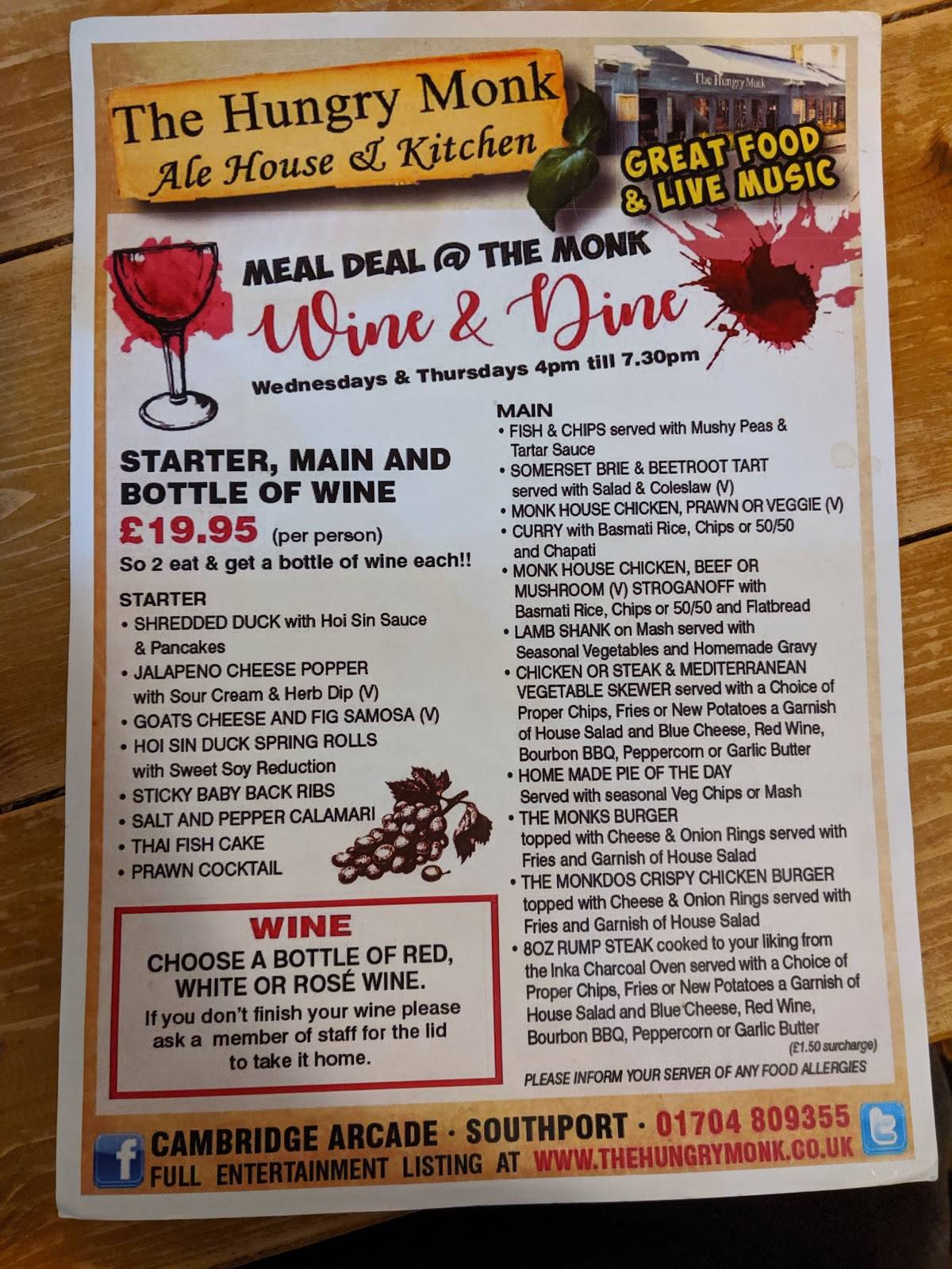 Carta del restaurante The Hungry Monk Ale House & Kitchen, Southport