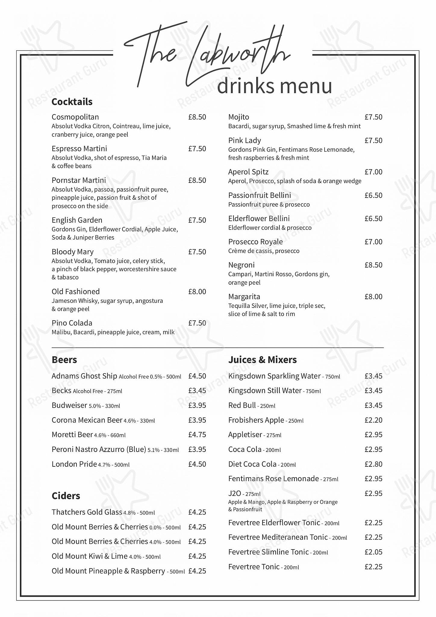 Menu at Labworth Cafe, Canvey Island