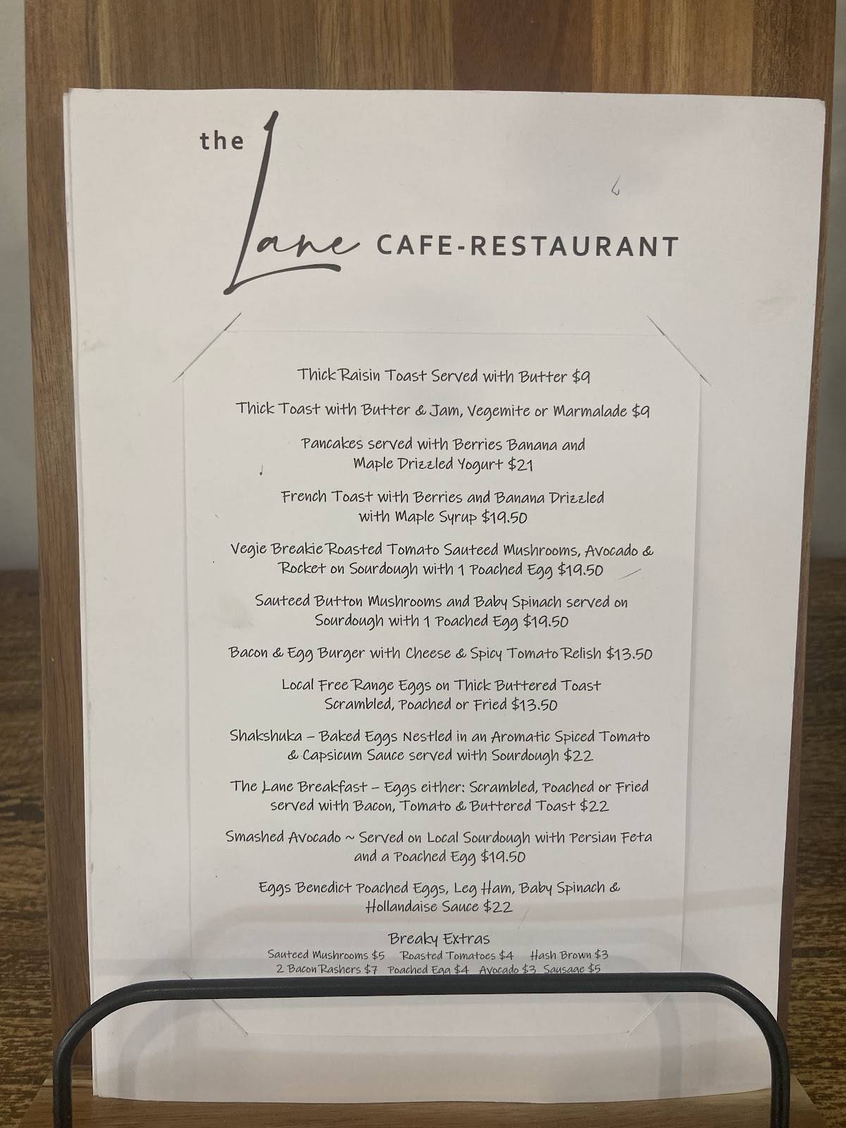 Menu at The Lane Cafe - Restaurant., Nowra
