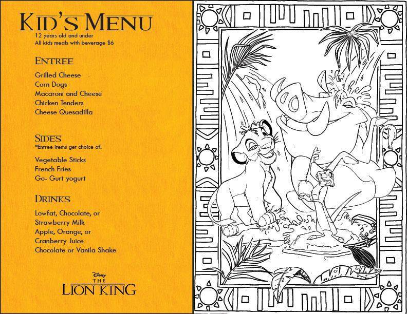 Carta de The Lion King Restaurant, Orlando