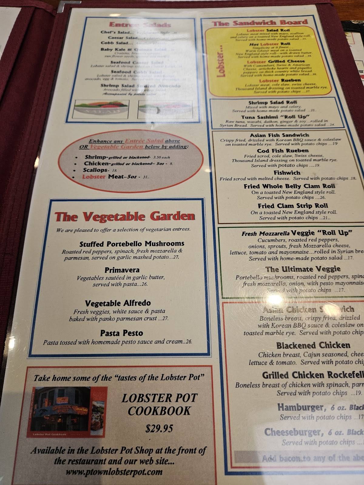 Menu at The Lobster Pot restaurant, Provincetown